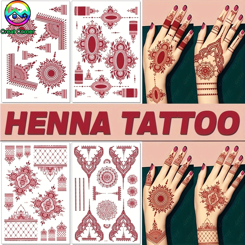 Red Lace Henna Tattoos Hand Back Long-Lasting Waterproof Simulation Men ...