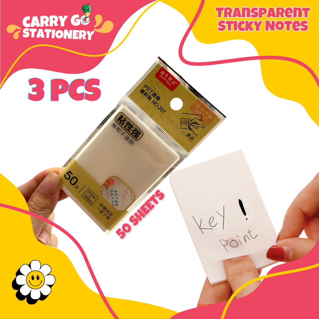 3 PCS 50 Sheets Transparent Sticky Notes PET Waterproof Stationery for ...