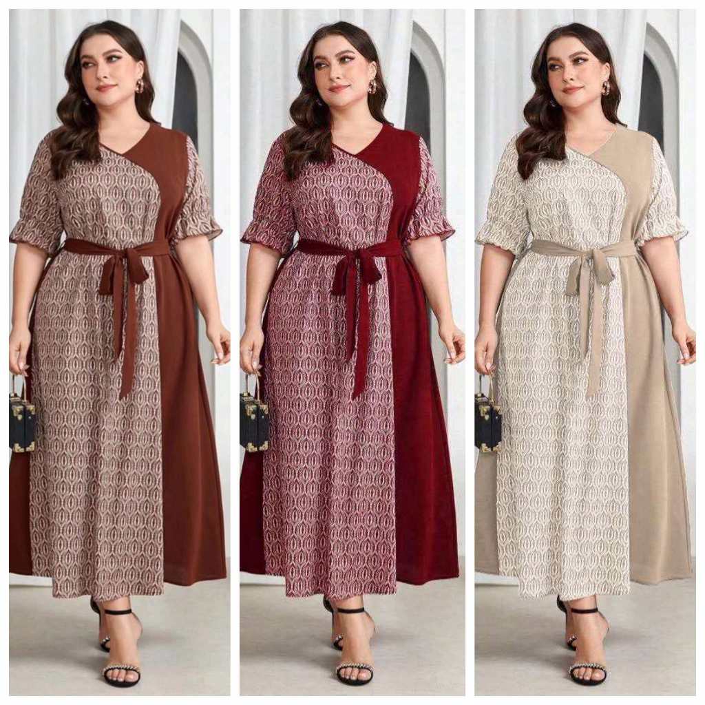 Plus size fashion combi vintage dress Vneck puff sleeve maxi dress ...