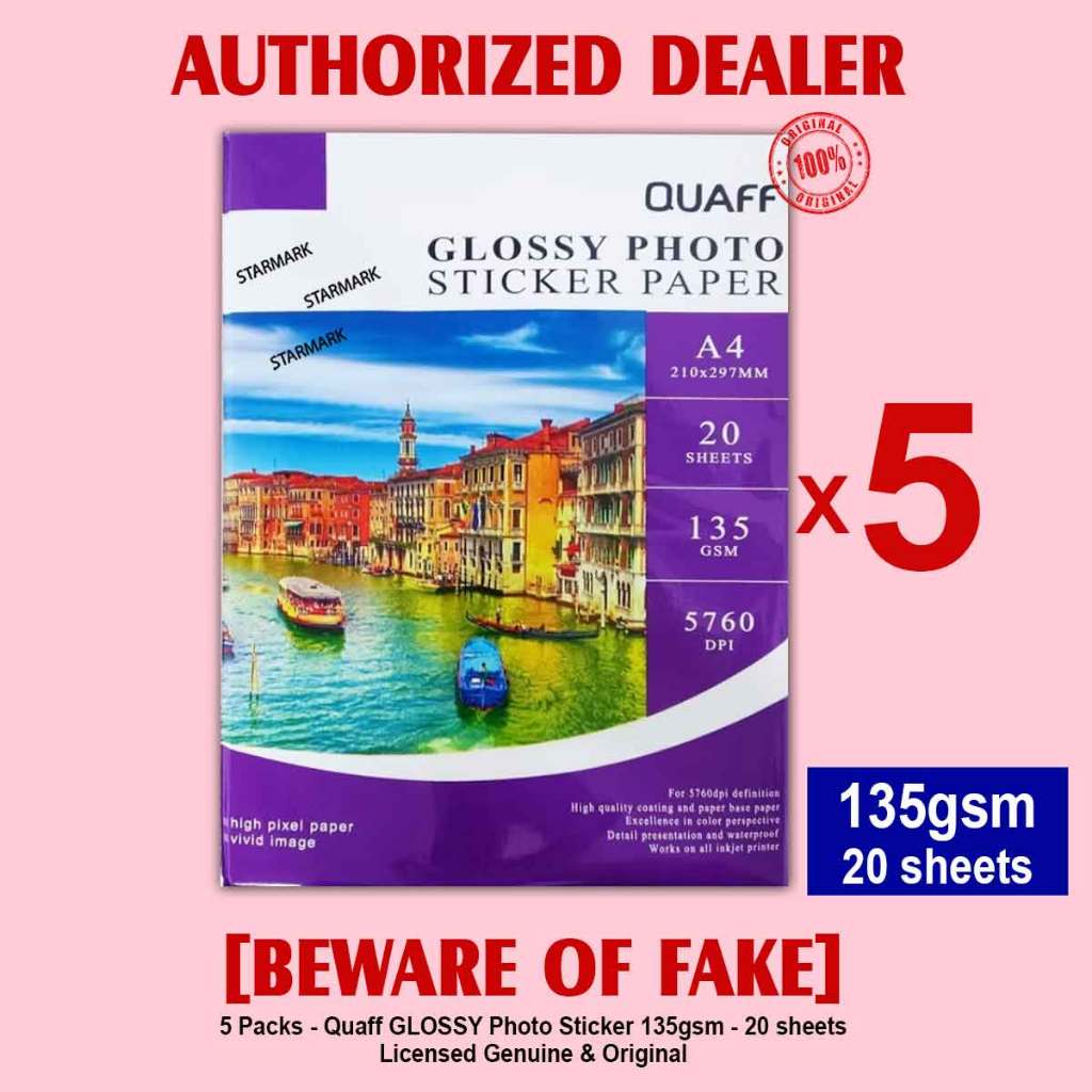 Quaff GLOSSY Photo Sticker Paper Papers A4 Size 135gsm 20 Sheets per ...
