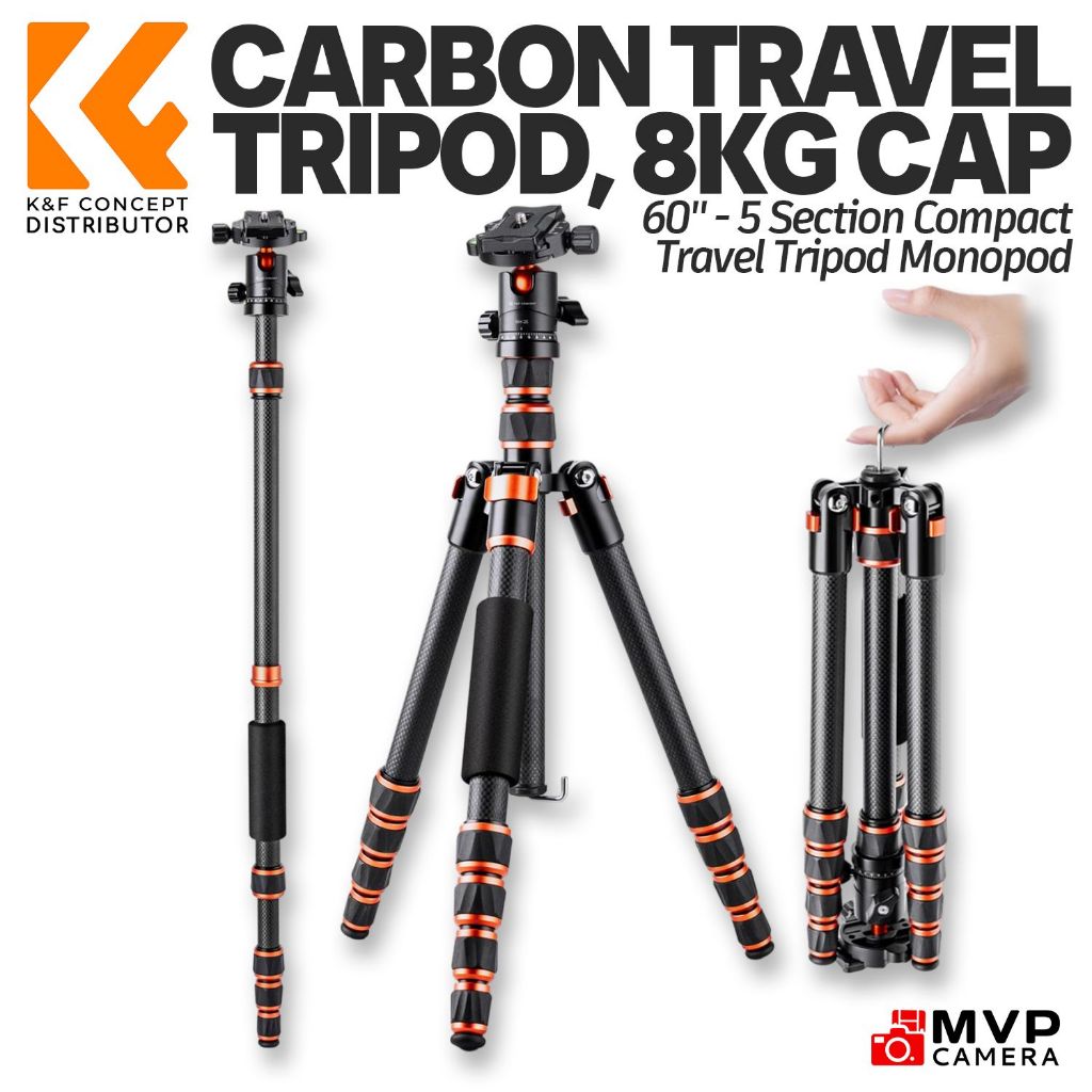 K&F CONCEPT Carbon Fiber Travel Tripod Monopod 5 Section 8KG Capacity ...
