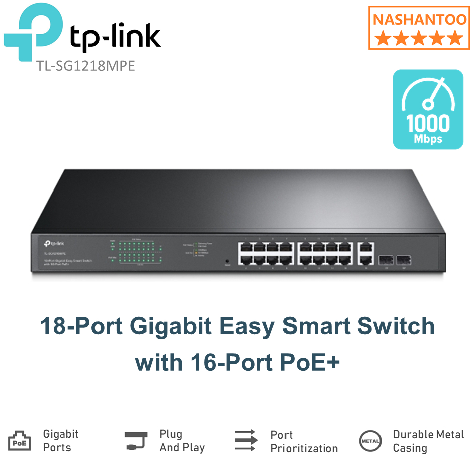 TP-LINK TL-SG1218MPE Ver:5.0 18Port Gigabit Easy Smart Switch with 16-Port PoE+ Smart POE Switch ...