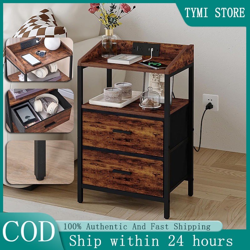 Bedside Table with USB Port 3 Layers Bedside Table Wooden Storage ...