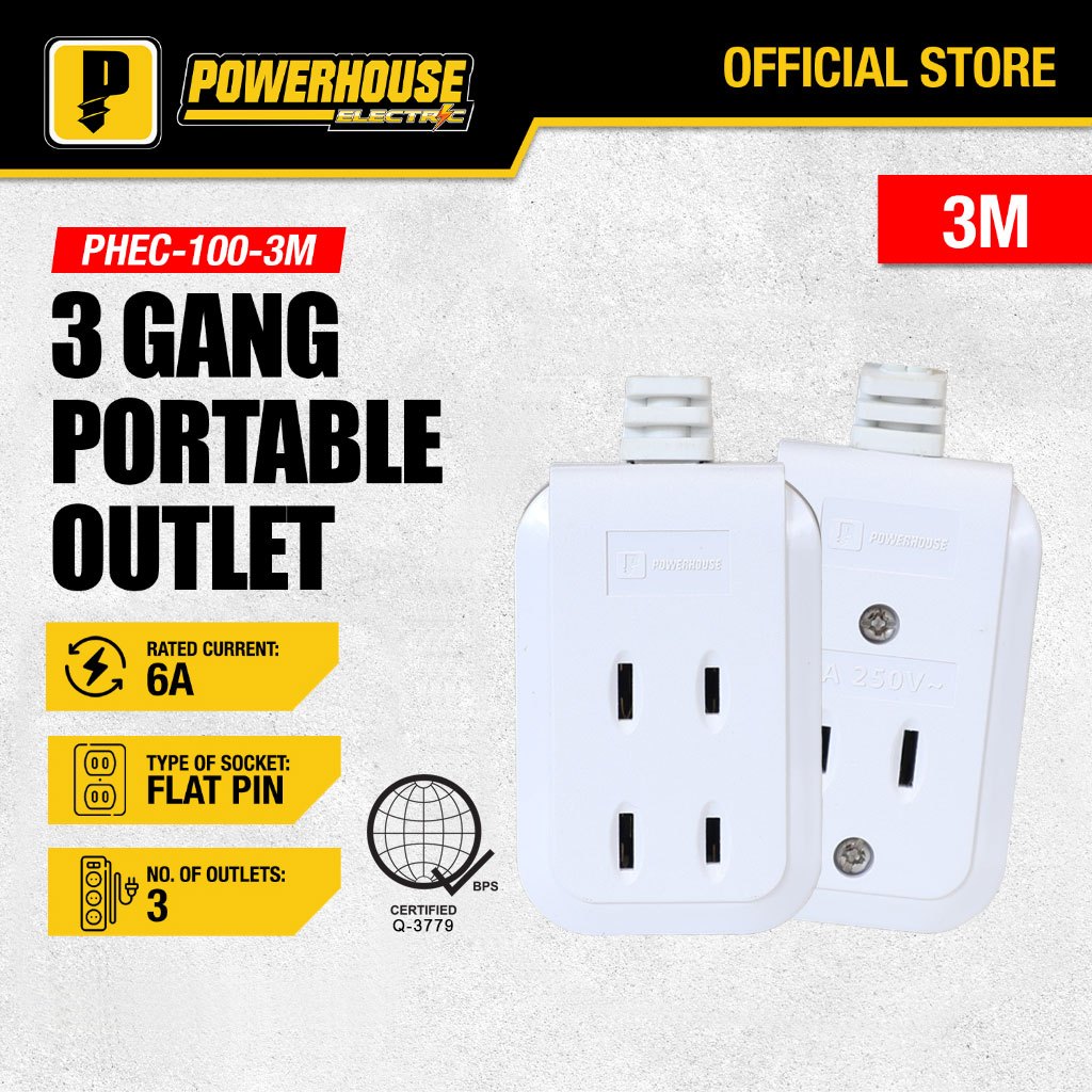 POWERHOUSE Electric Extension Cord 3 gang Portable Socket Outlet Flat ...