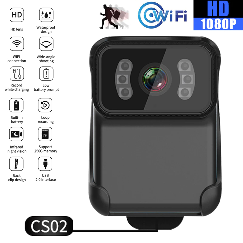 CS02 Police Body Camera, 1080P HD Portable Mini Camera, WiFi, Motion ...