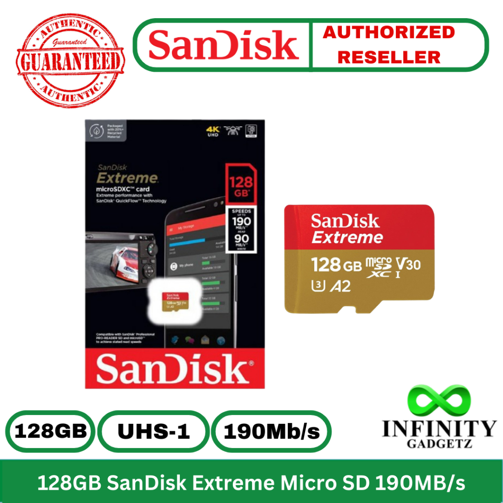 SanDisk Extreme 128GB Micro SD A2 190MB/s UHS-I for Go Pro, DJI, Akaso Action Cam SDSQXAA-128G ...