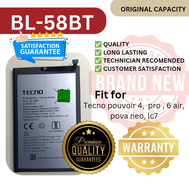 BL-58BT BATTERY FOR TECNO POUVOIR 4 POUVOIR 4 PRO SPARK 6 AIR POVA NEO ...