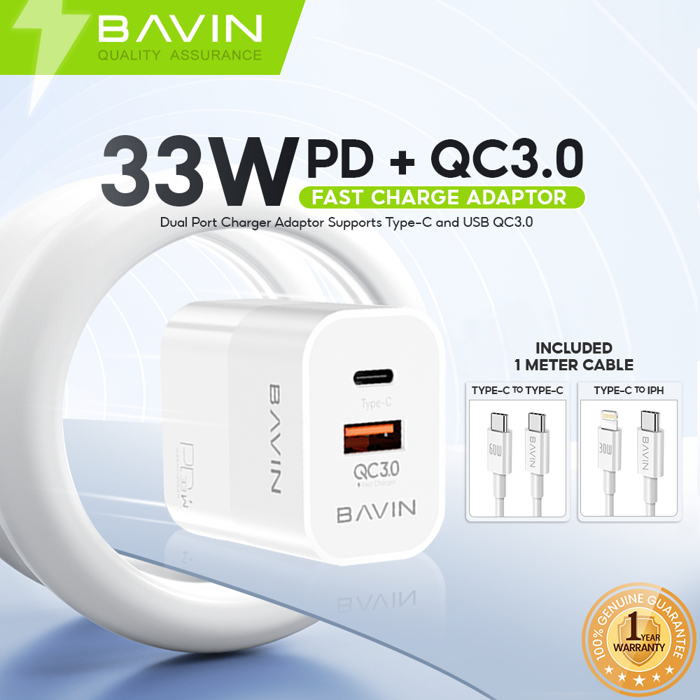 BAVIN PC963 33W PD Fast Charging AC Adapter w/ Dual Port Type-C & USB ...