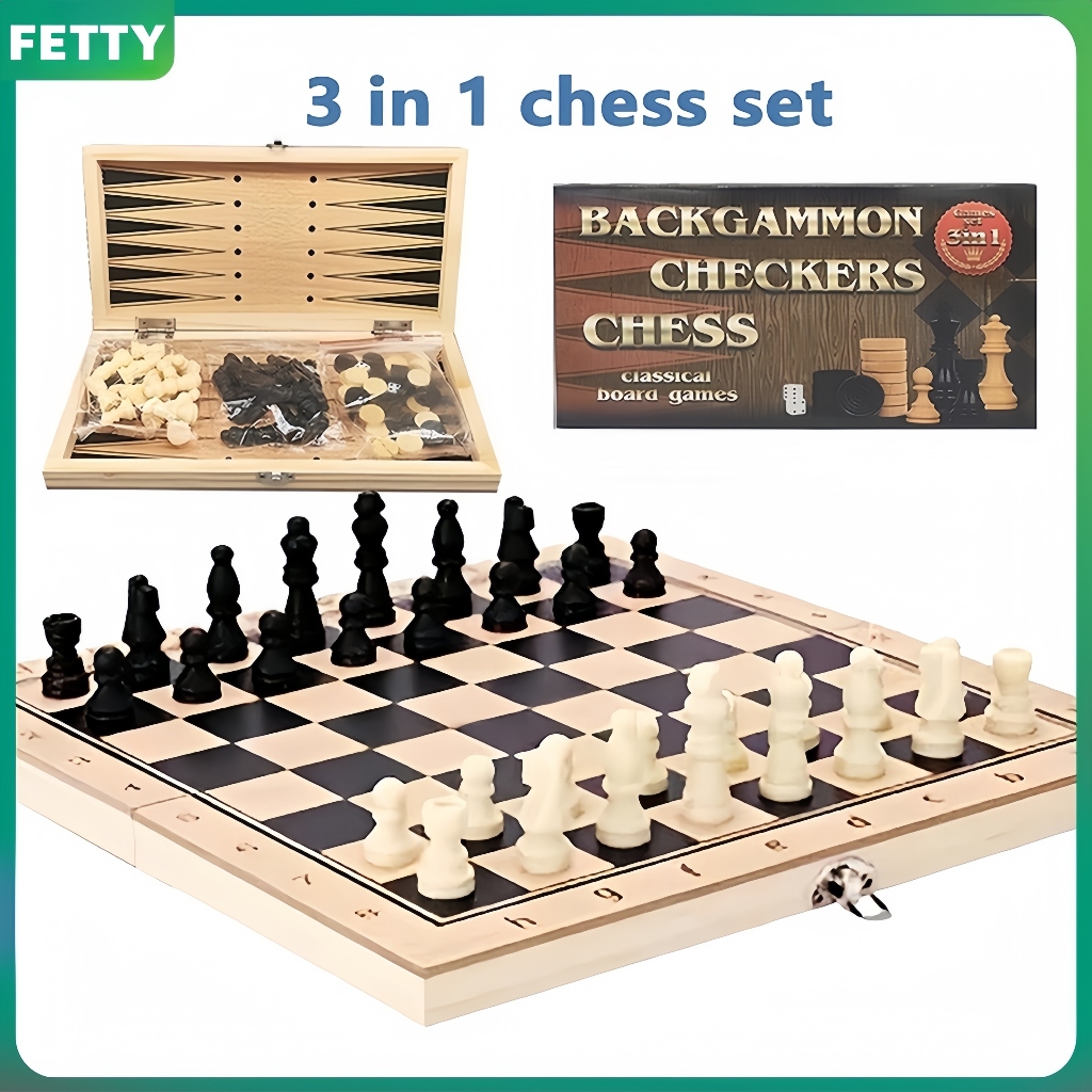 FETTY Toy Chess Folding Wooden Chess Pieces Set 3 in 1 Chess Board ...