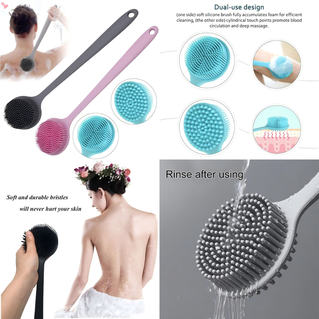Long Handle Silicone Bath Brush Double-Sided Back Scrubber Shower Body ...