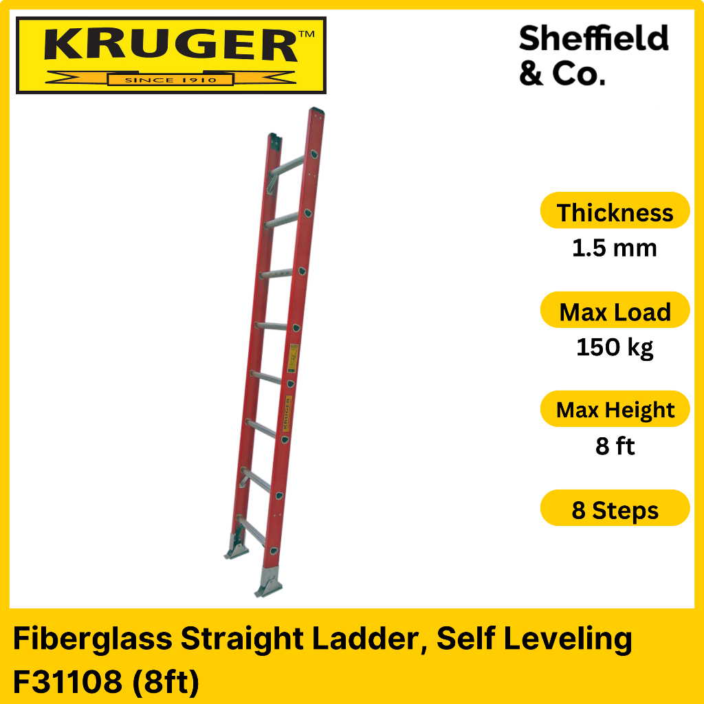 Kruger Fiberglass Straight Ladder, Self Leveling, F31108 (8 ft ...