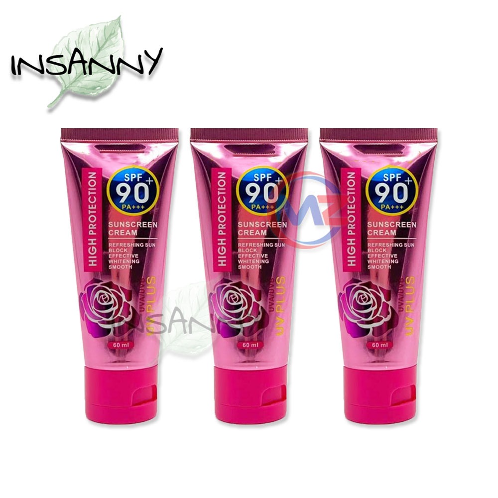 INSANNY ( SET OF 3 ) Kiss Beauty Facial Sunscreen Cream SPF 90+ Sunblock Lotion - Pink Rose 60ml ...