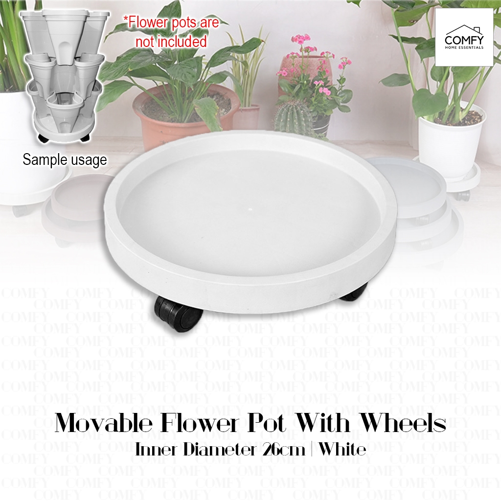 Movable Flower Pot Plate with Wheels White Indoor Outdoor Plant Pot ...