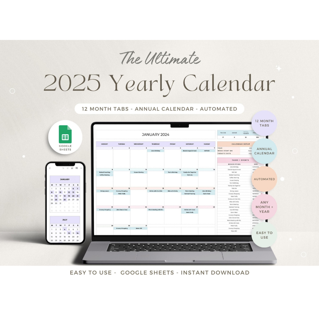 Digital Planner, 2025 Calendar Spreadsheet Google Sheets Yearly ...