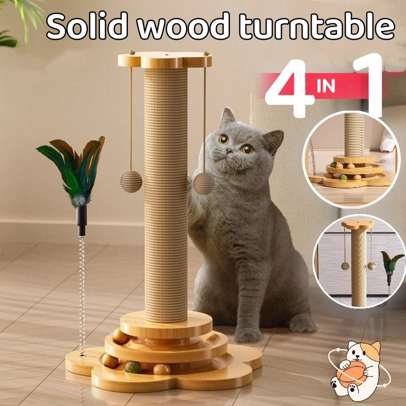 4in1 Solid Wood Cat Scratching Post Natural Sisal Scratcher Interactive ...