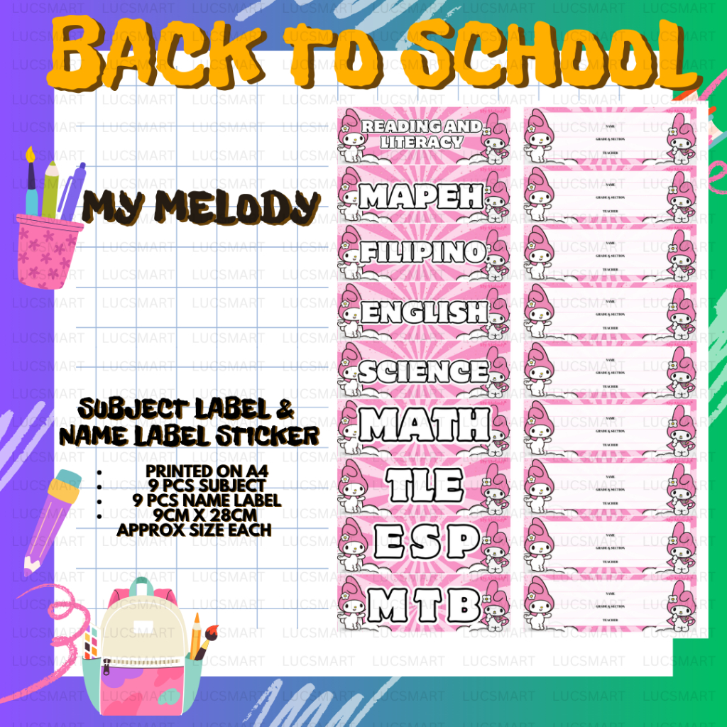 LUCSMART Fast shipping - NEW DESIGN MY MELODY THEMED Subject and Name ...