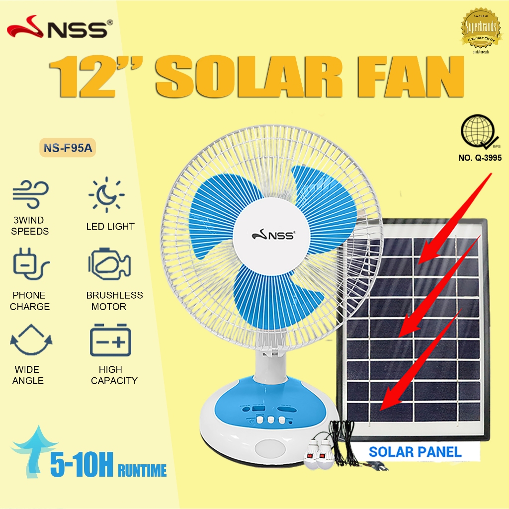NSS Solar Electric Fan 12‘’ With Solar Panel LED Light Bulb AC DC Dual ...