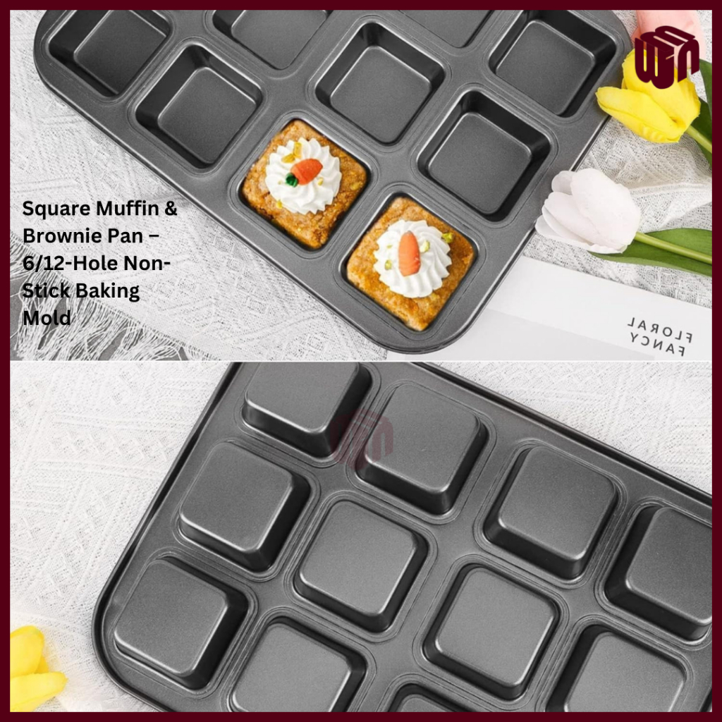 12-Hole Square Muffin Pan – Non-Stick Brownie Bar Tray for Baking ...
