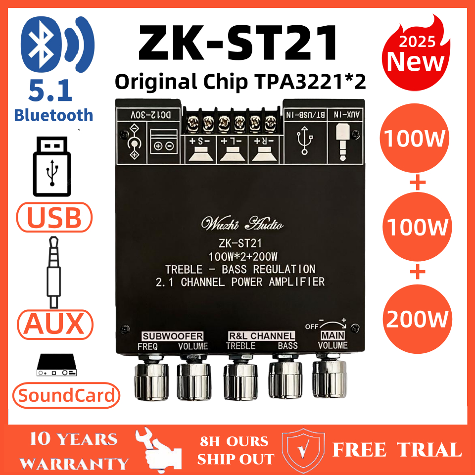 ZK-ST21 2.1 channel Bluetooth power amplifier board 100W+100W+200W two TI original cores TPA3221 ...