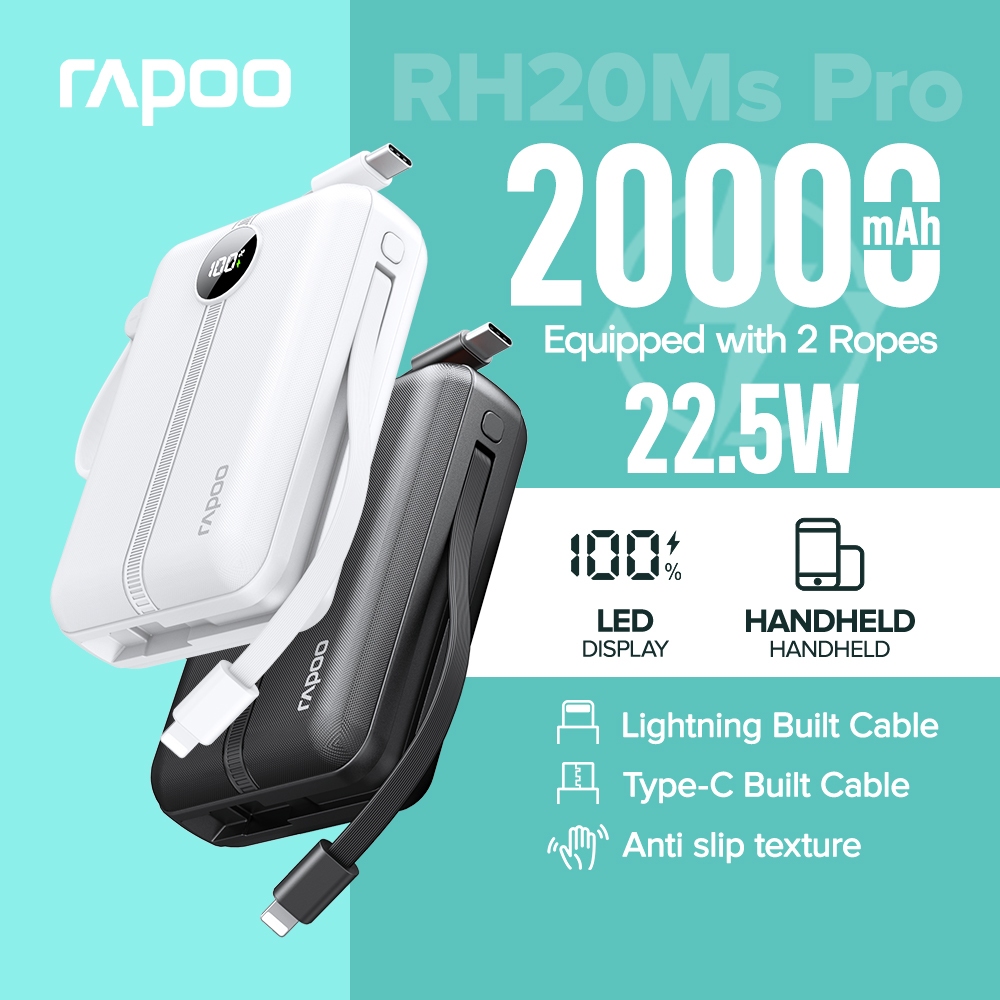 Rapoo RH20m Pro 20000mAh Power Bank Built-in Cables PD20W Powerbank QC3 ...