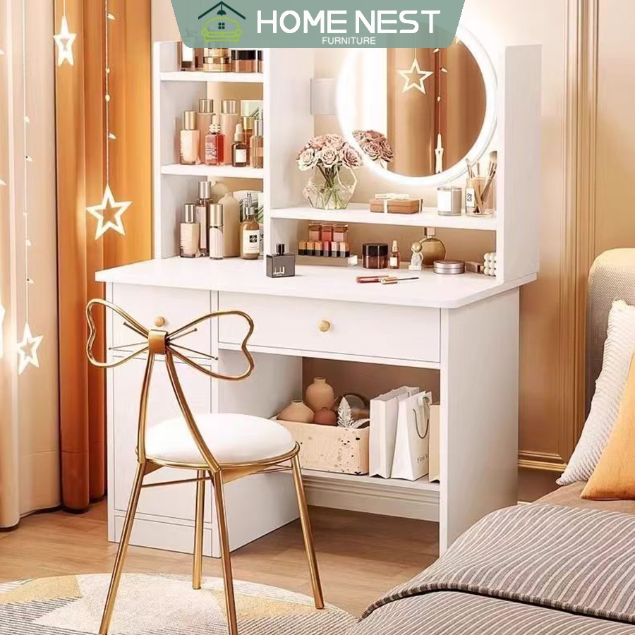 HOMENEST Wood Table Bedroom Vanity Modern with Led Mirror Dressing ...