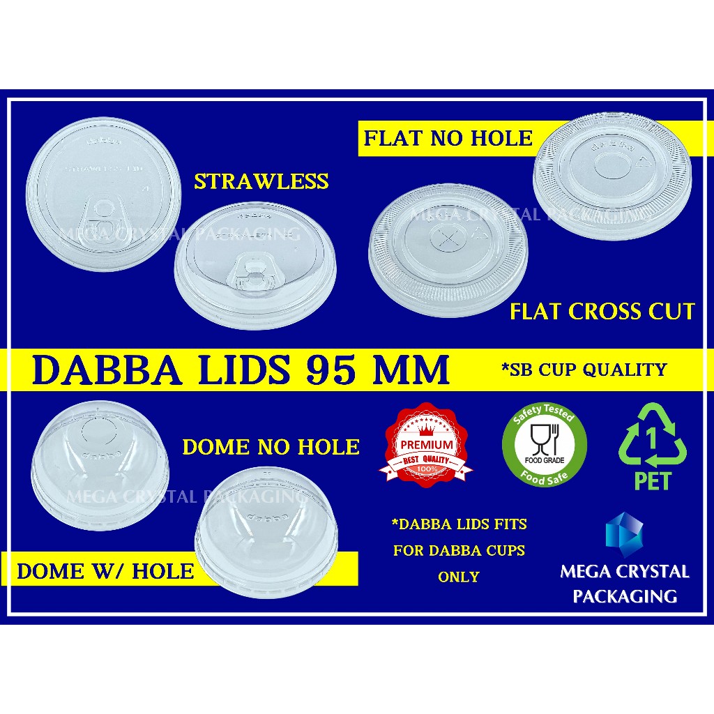 [ 50 Pcs ] DABBA PET Flat / Cross Cut / Straw Less / Dome Lid 95mm for ...