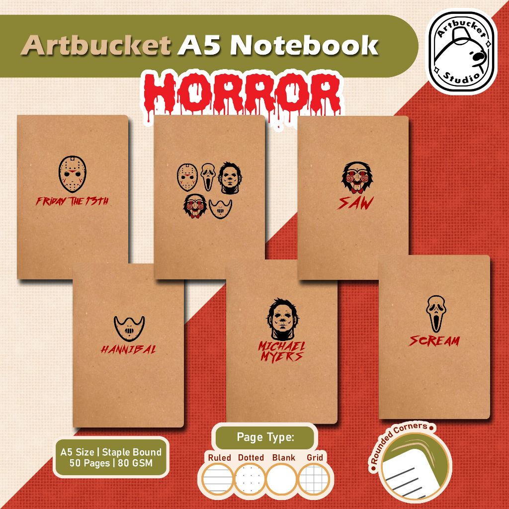 HORROR Classic Movie A5 Notebook | Myers, Saw, Scream, Hannibal | Grid ...