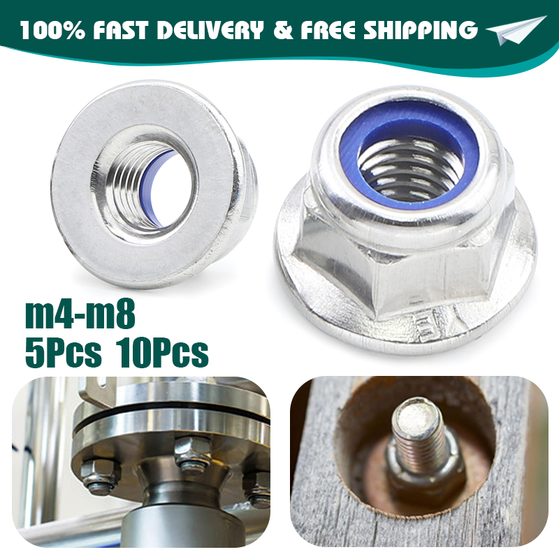 10PCS Flange Nylon Lock Nuts 304 Stainless Steel Hex Self-Locking Anti ...