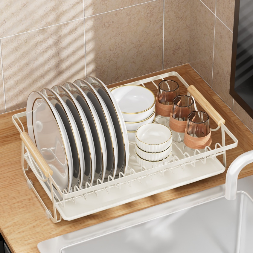 Aesthetic White Dish Drainer Rack Kitchen Plate Organizer With Wooden ...