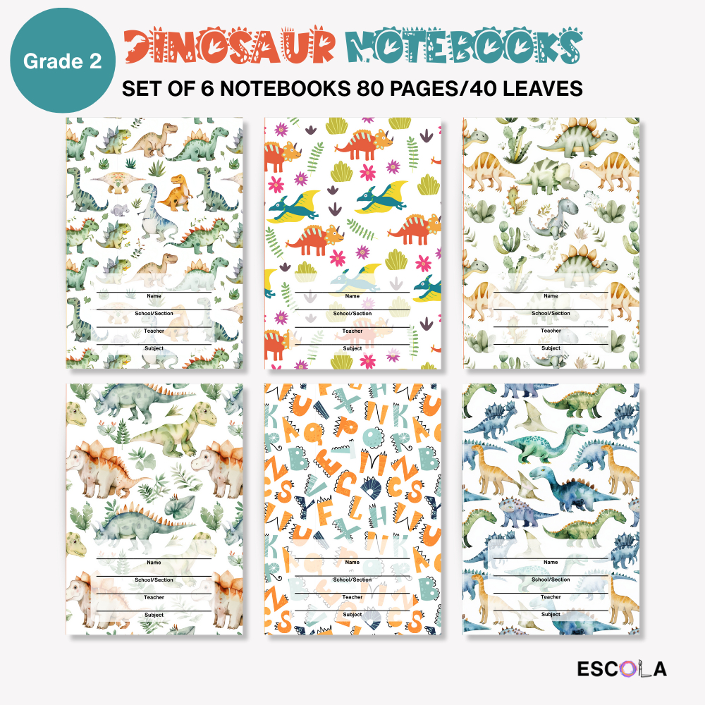 Set of 6 GRADE 2 Writing Notebooks, Dinosaur Design, Standard A5, 40 ...