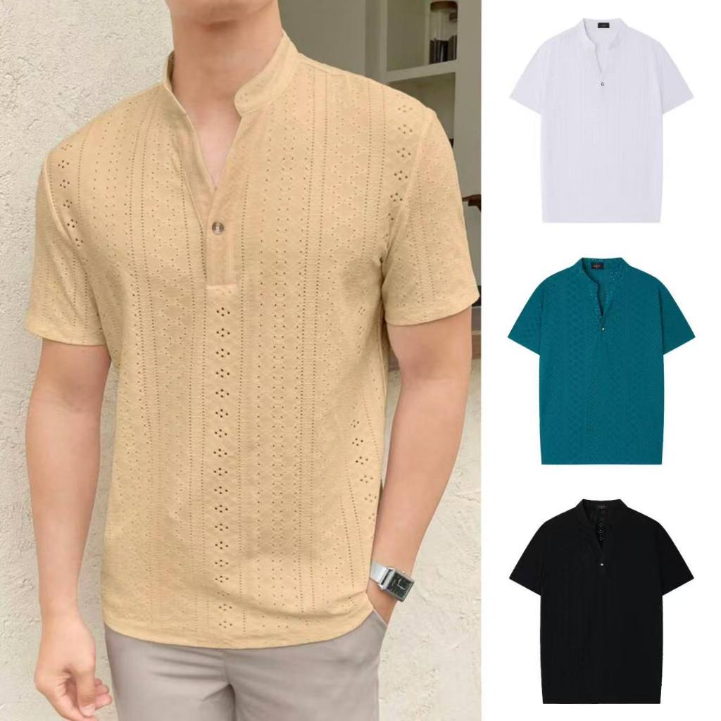 ICM T555 ModaGents Men Summer Casual Hollow Embroidery Woven Short ...