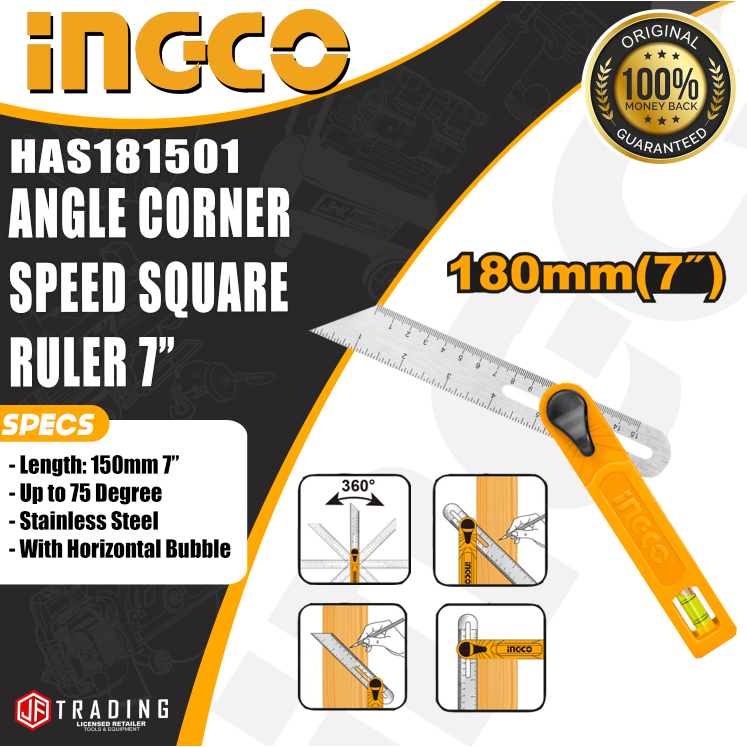 INGCO Angle Corner Speed Square Ruler 7" 150mm with Horizontal Bubble ...