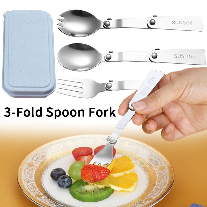 3Pcs Foldable Fork Spoon Spork Set Stainless Steel Portable Folding ...