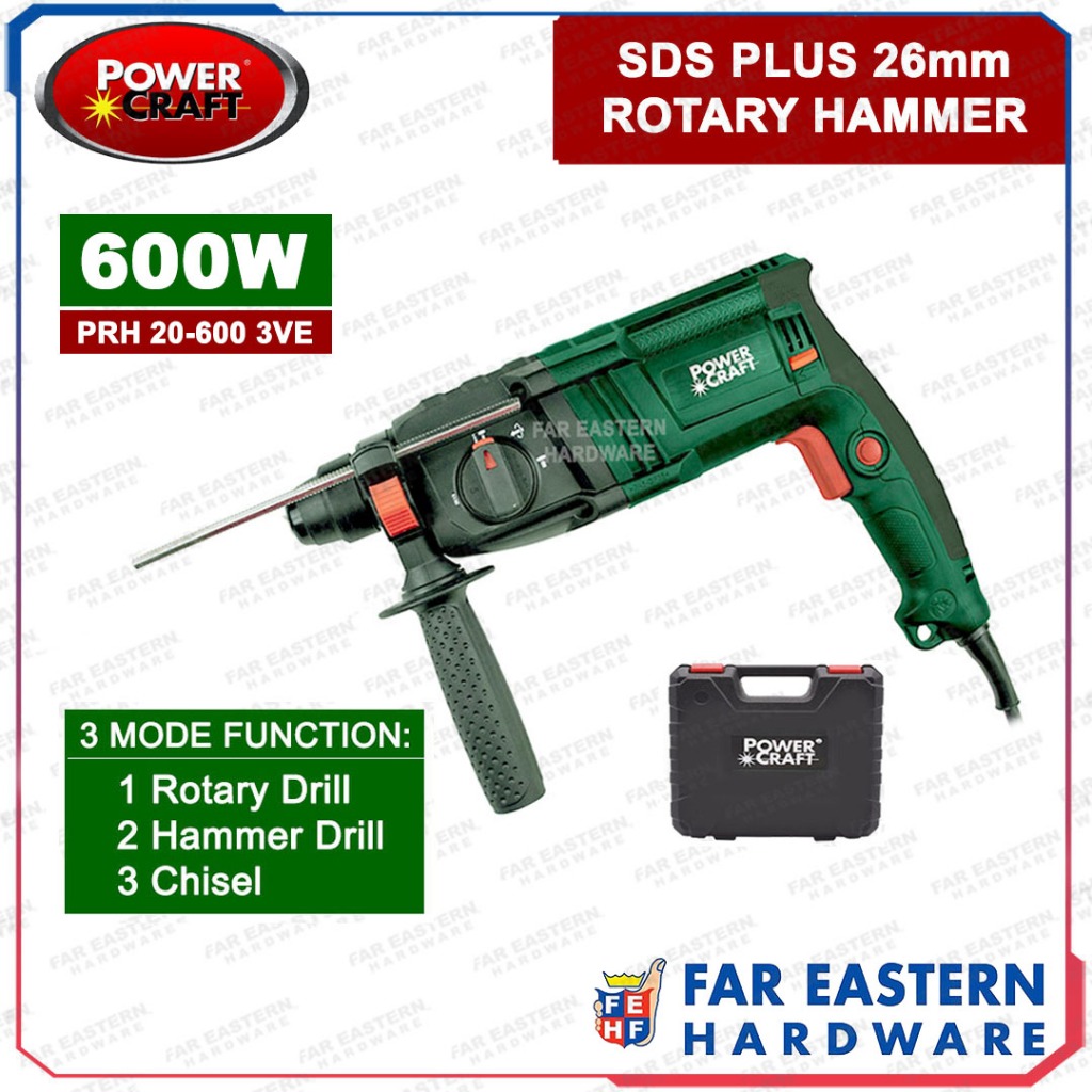 POWERCRAFT Rotary Hammer Drill 26mm 600W SDS Plus 3 Function PRH 20-600 ...