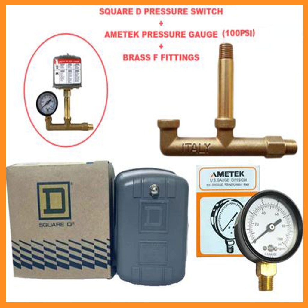 SQUARE D Pressure Switch Brass F Fittings Pressure Gauge AMETEK 100PSI ...