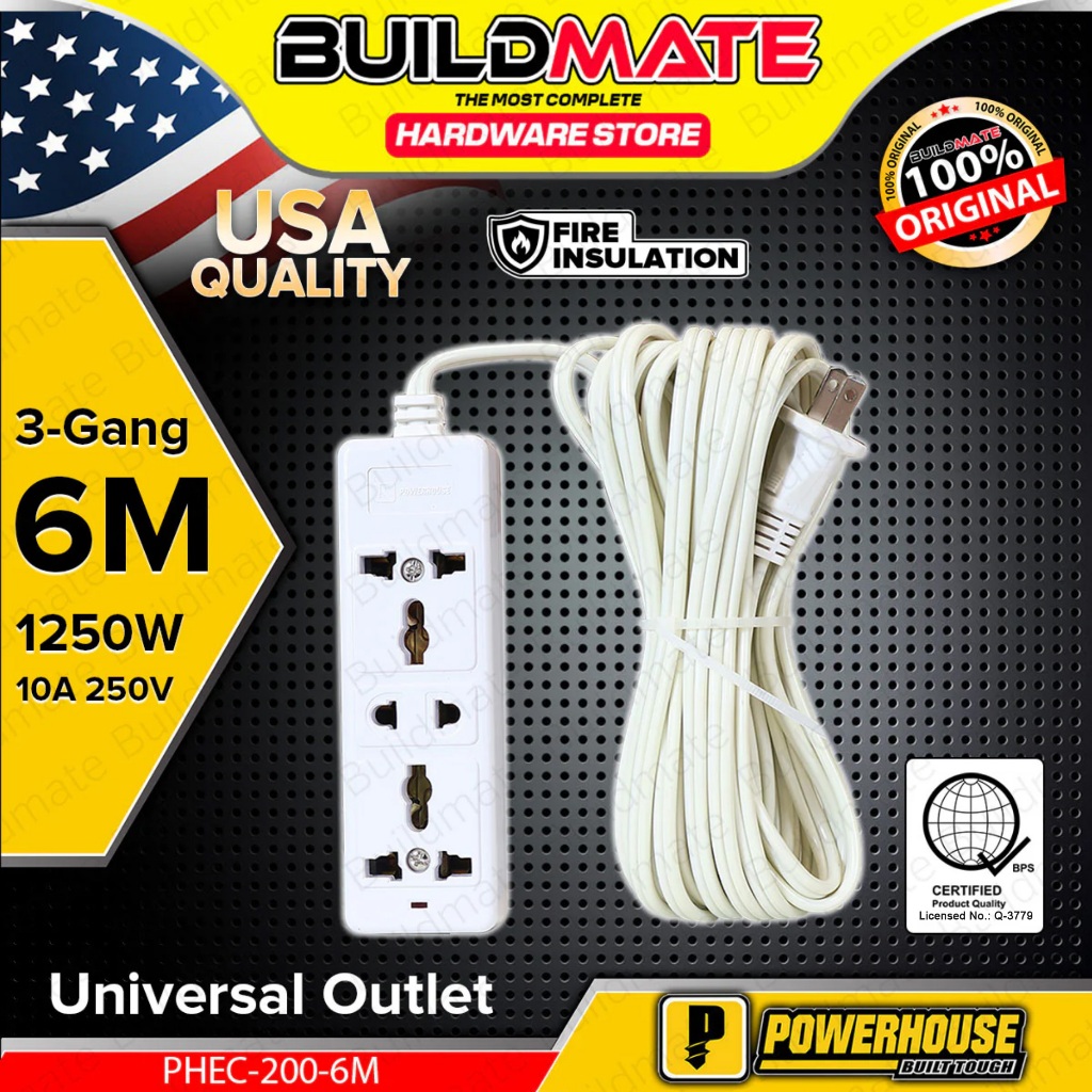 BUILDMATE Powerhouse 3-Gang 6M Extension Cord Universal Outlet Socket ...