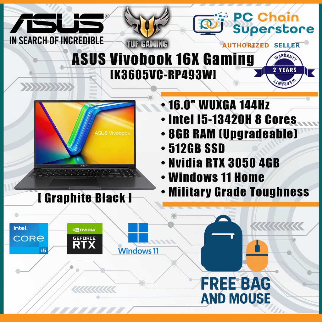 Asus Vivobook 16X Gaming K3605VC-RP493W Laptop 16" WUXGA IPS 144Hz / Intel i5-13420H / RTX 3050 ...