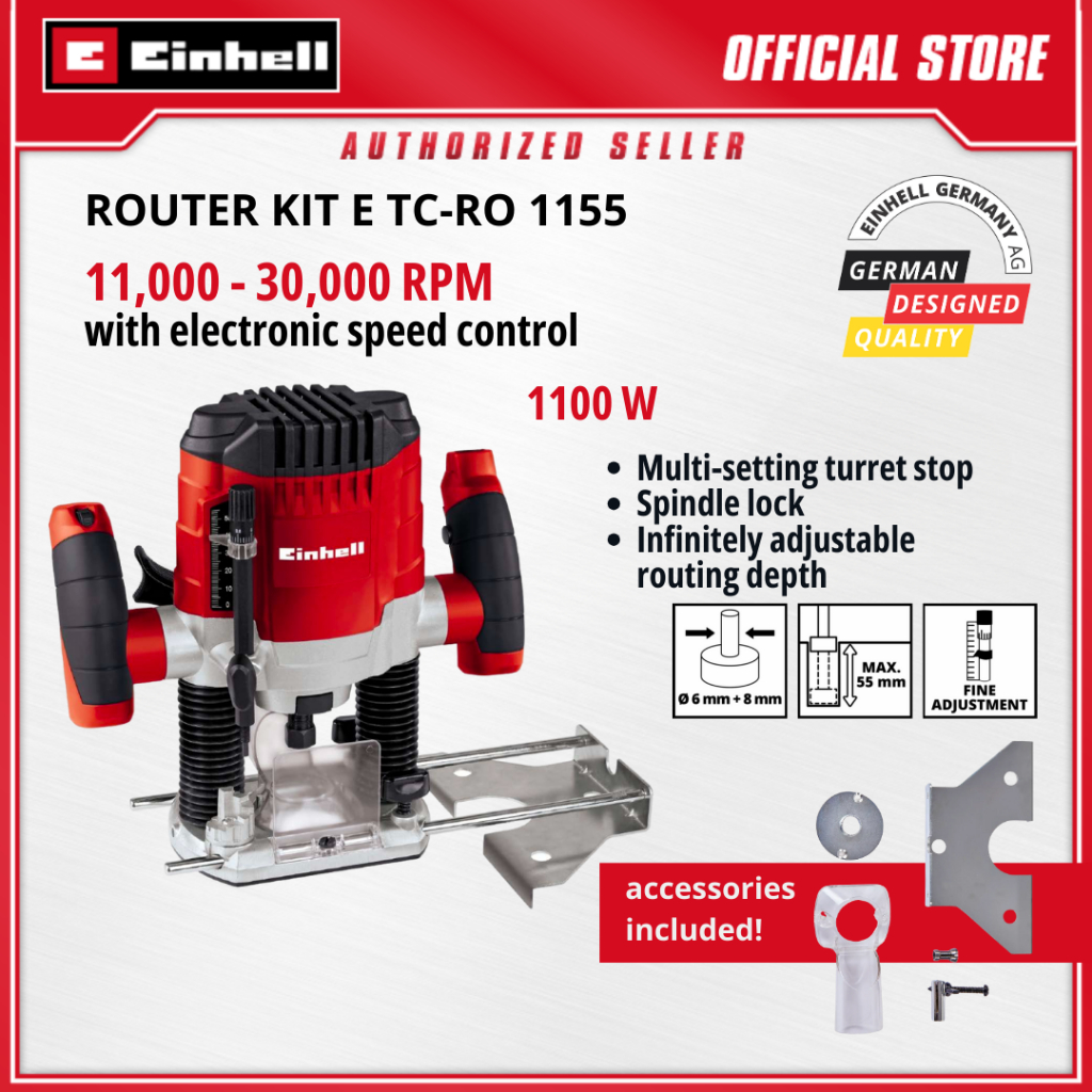 EINHELL Corded Wood Router Kit TC-RO 1155 1100W Handheld Powertool Wood ...
