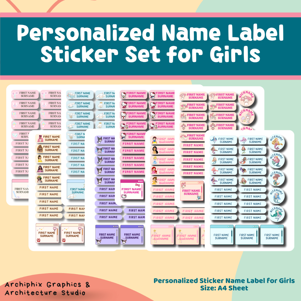 Personalized Name Label Vinyl Stickers Set for Girls by Archiphix ...