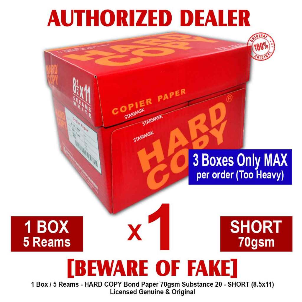 HARD COPY Bond Paper Papers SHORT 8.5x11in 70gsm Sub. 20 RED Label Red ...