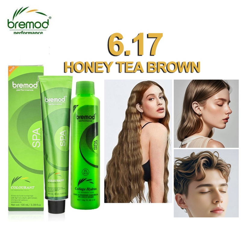 Bremod Honey Tea Brown 6.17 Hair Color Dye Cream with Oxidizing Set ...
