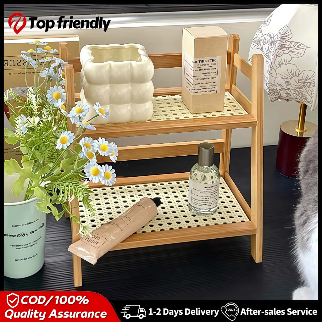 Japanese Wooden 2-Layer Storage Rack Organizer Table Shelf Rattan ...
