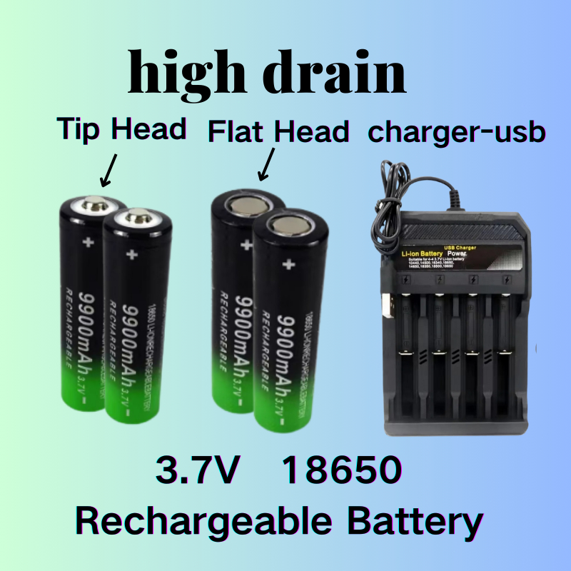 18650 Rechargeable Battery with charger Flat Head original tip Head ...