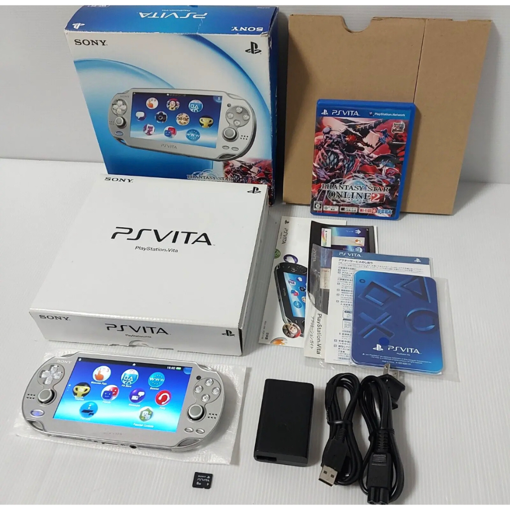 PS Vita console PCH-1000 Ice Silver OLED with PSO2 edition charger 8GB ...