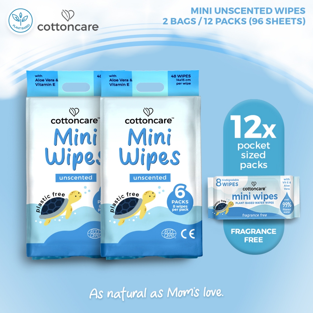 Cottoncare™ (12 packs) Mini Organic Plant-Based Water Wipes Unscented ...