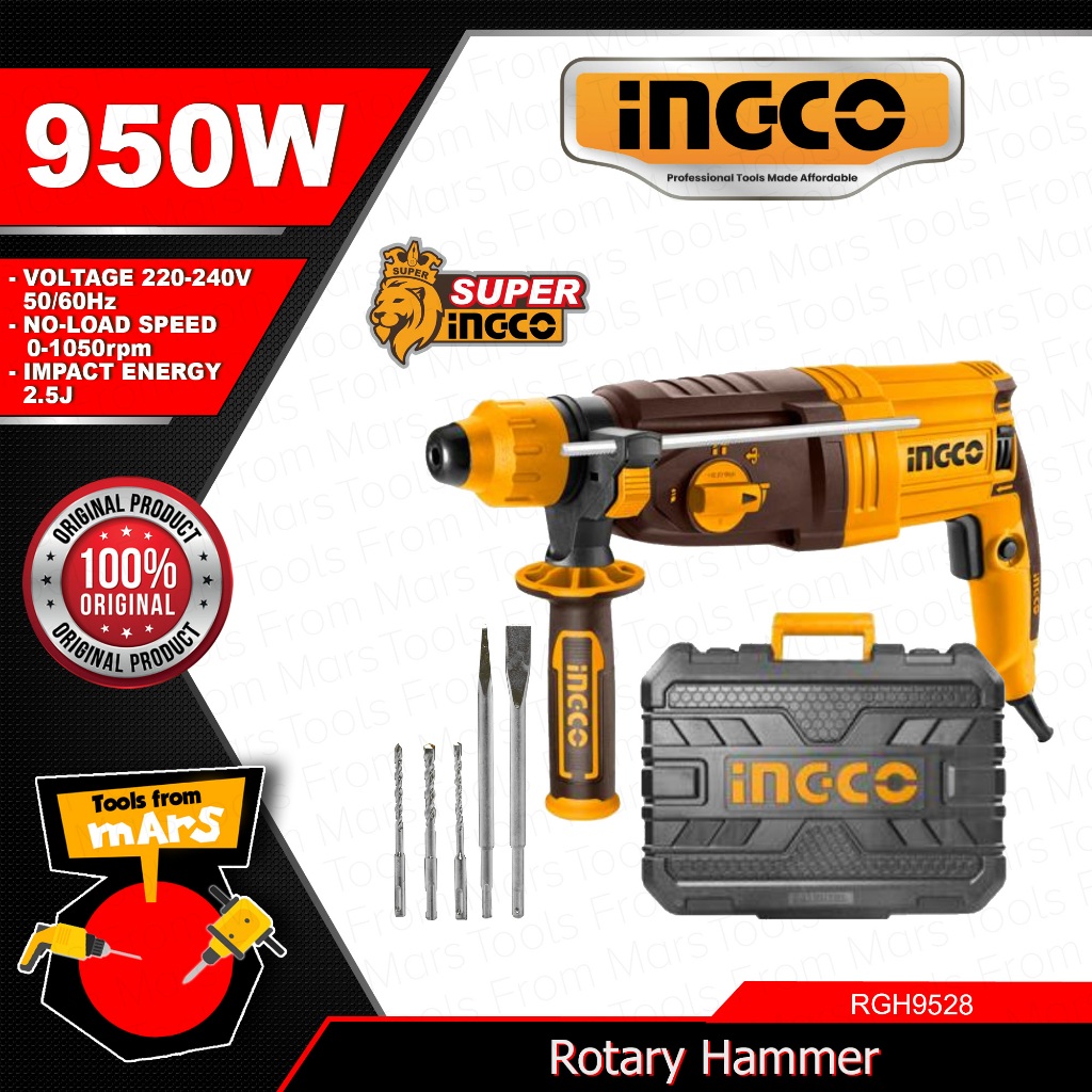 INGCO 950W SDS 28MM Rotary Hammer Drill with 3 Drills 2 Chisel and Case ...