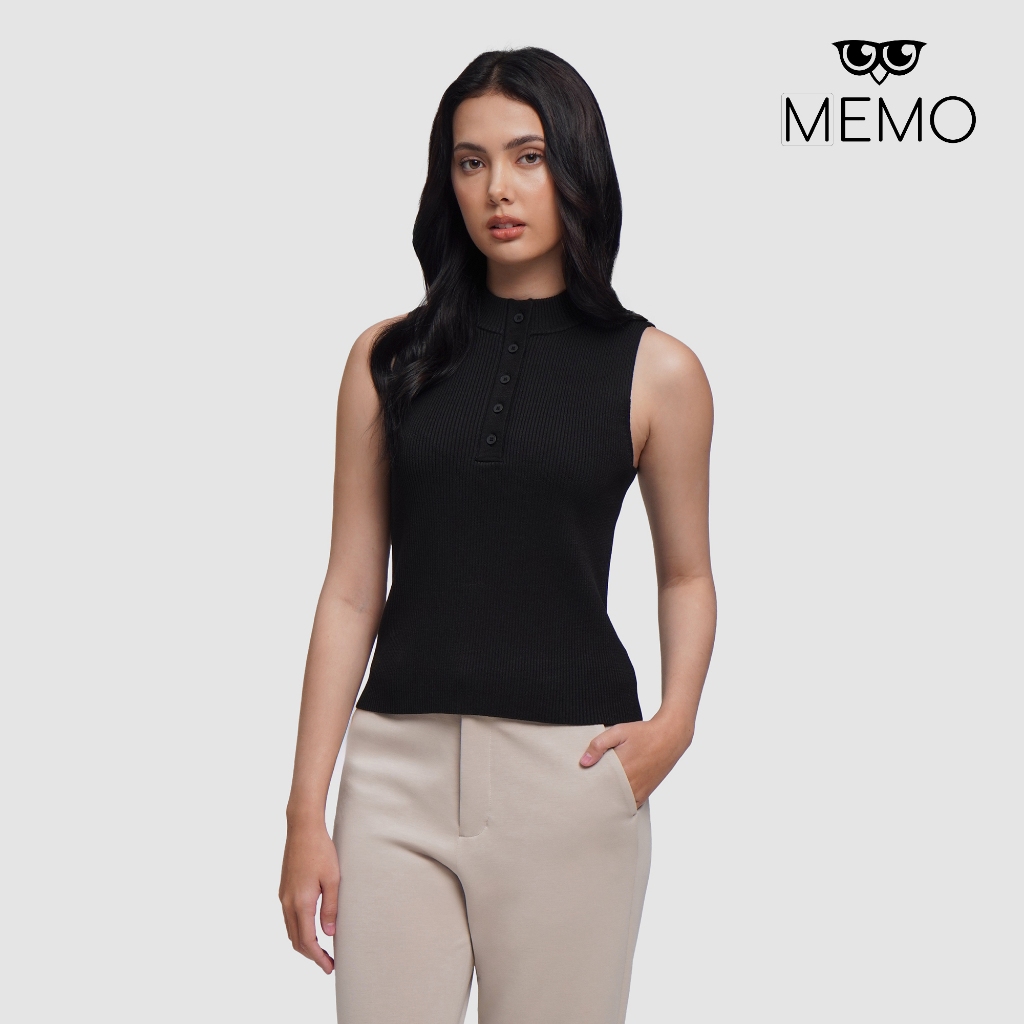 Memo Buttoned Placket Sleeveless Top For Women (Black/Cream) | Shopee ...