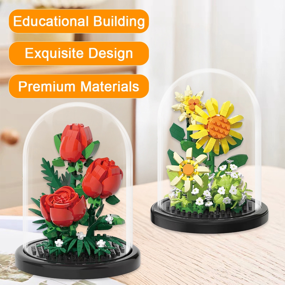 4PCS Sunflowers Rose Flower Building Blocks With Dust Cover Birthday ...