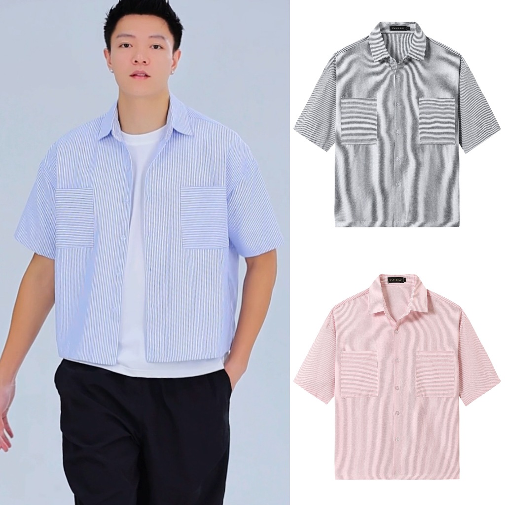 Mannered by HUILISHI Striped Boxy Cropped Polo Short Sleeves Cotton ...