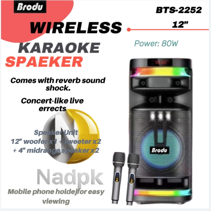 Brodu BTS-2252 12 Inch Portable Dual professional levelkaraoke Wireless ...